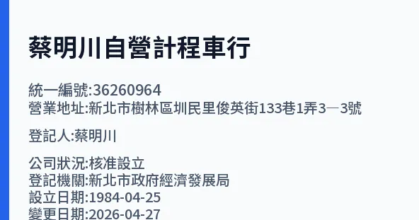 蔡明川自營計程車行的照片-統編 36260964(新北市) 公司登記資料與營業項目詳細圖表