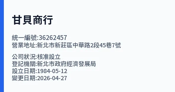 甘貝商行的照片-統編 36262457(新北市) 公司登記資料與營業項目詳細圖表