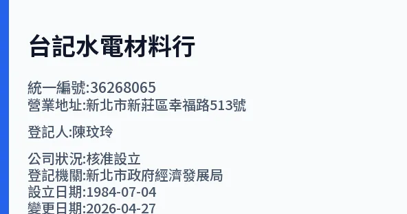 台記水電材料行的照片-統編 36268065(新北市) 公司登記資料與營業項目詳細圖表