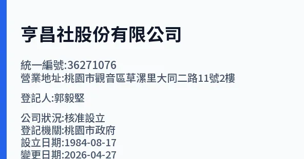 亨昌社股份有限公司的照片-統編 36271076(桃園市) 公司登記資料與營業項目詳細圖表