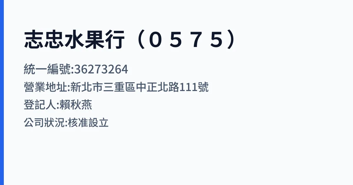 志忠水果行（０５７５） - 統編 36273264(新北市) 公司登記資料與營業項目詳細圖表