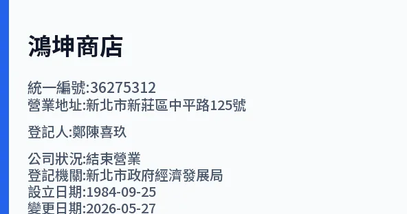 鴻坤商店的照片-統編 36275312(新北市) 公司登記資料與營業項目詳細圖表
