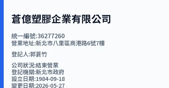 蒼億塑膠企業有限公司的照片-統編 36277260(新北市) 公司登記資料與營業項目詳細圖表
