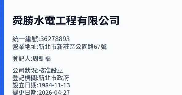 舜勝水電工程有限公司的照片-統編 36278893(新北市) 公司登記資料與營業項目詳細圖表
