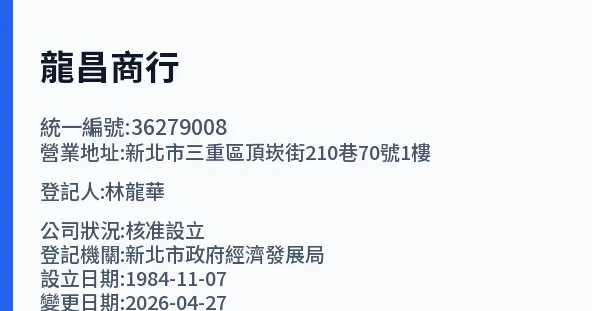 龍昌商行的照片-統編 36279008(新北市) 公司登記資料與營業項目詳細圖表