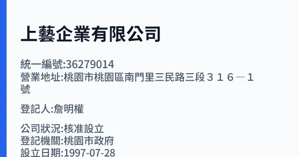 上藝企業有限公司的照片-統編 36279014(桃園市) 公司登記資料與營業項目詳細圖表