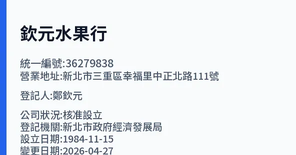 欽元水果行的照片-統編 36279838(新北市) 公司登記資料與營業項目詳細圖表