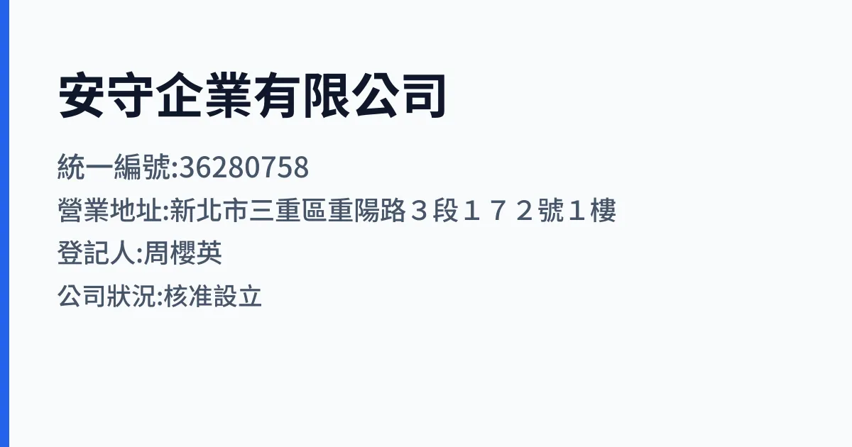 安守企業有限公司 - 統編 36280758(新北市) 公司登記資料與營業項目詳細圖表
