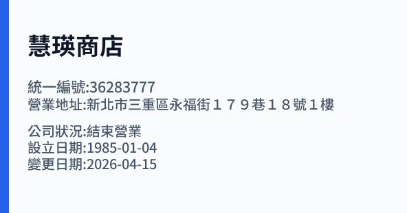 慧瑛商店的照片-統編 36283777(新北市) 公司登記資料與營業項目詳細圖表