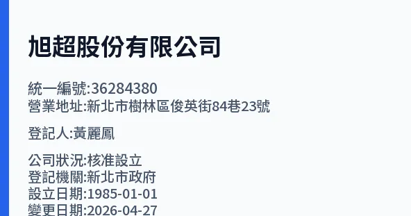旭超股份有限公司的照片-統編 36284380(新北市) 公司登記資料與營業項目詳細圖表