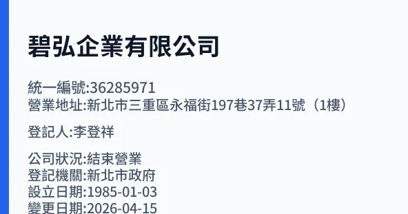 碧弘企業有限公司的照片-統編 36285971(新北市) 公司登記資料與營業項目詳細圖表