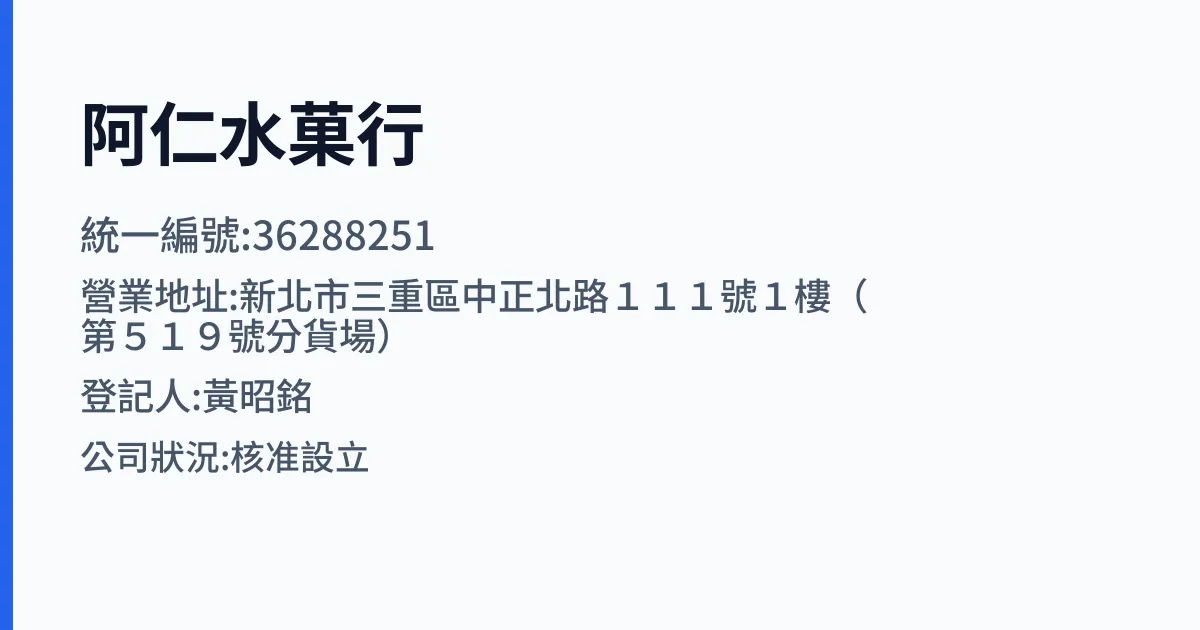 阿仁水菓行 - 統編 36288251（新北市） 公司登記資料與營業項目詳細圖表