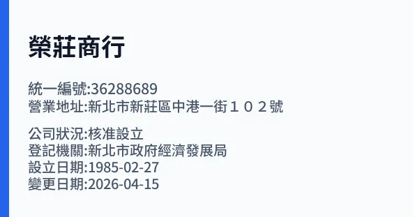 榮莊商行的照片-統編 36288689(新北市) 公司登記資料與營業項目詳細圖表