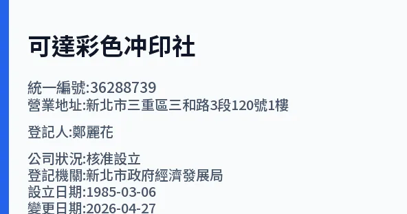 可達彩色冲印社的照片-統編 36288739(新北市) 公司登記資料與營業項目詳細圖表