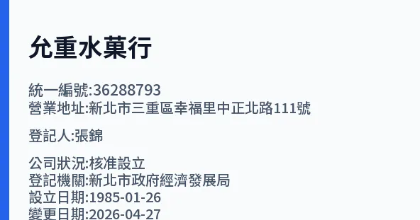 允重水菓行的照片-統編 36288793(新北市) 公司登記資料與營業項目詳細圖表