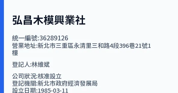 弘昌木模興業社的照片-統編 36289126(新北市) 公司登記資料與營業項目詳細圖表