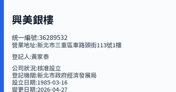 興美銀樓的照片-統編 36289532(新北市) 公司登記資料與營業項目詳細圖表