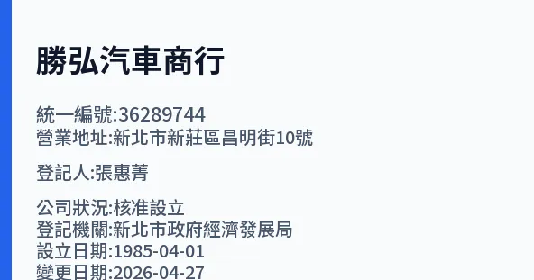 勝弘汽車商行的照片-統編 36289744(新北市) 公司登記資料與營業項目詳細圖表