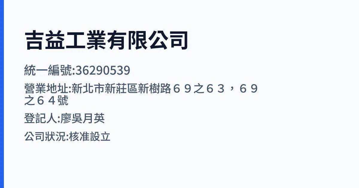吉益工業有限公司 - 統編 36290539(新北市) 公司登記資料與營業項目詳細圖表