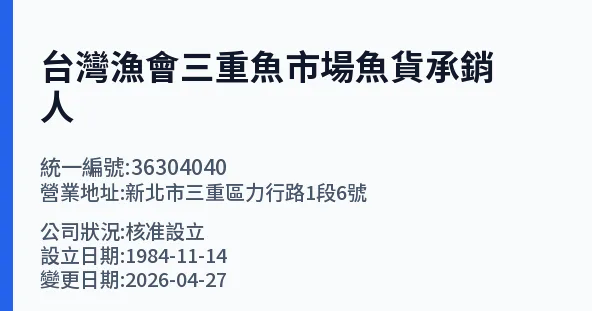 台灣漁會三重魚市場魚貨承銷人的照片-統編 36304040(新北市) 公司登記資料與營業項目詳細圖表