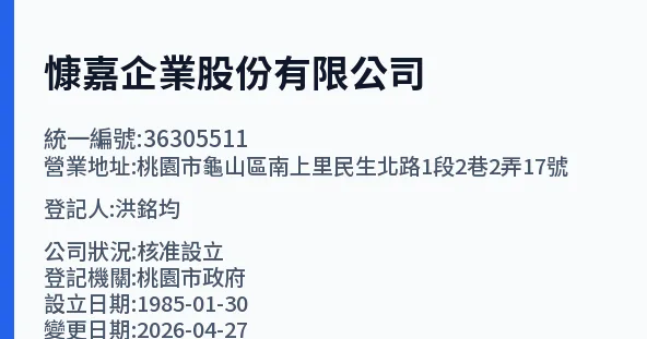 慷嘉企業股份有限公司的照片-統編 36305511(桃園市) 公司登記資料與營業項目詳細圖表