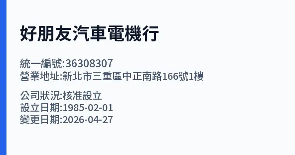 好朋友汽車電機行的照片-統編 36308307(新北市) 公司登記資料與營業項目詳細圖表
