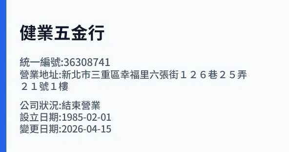 健業五金行的照片-統編 36308741(新北市) 公司登記資料與營業項目詳細圖表