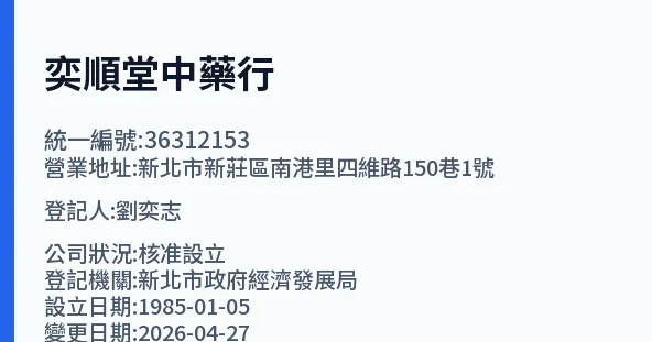 奕順堂中藥行的照片-統編 36312153(新北市) 公司登記資料與營業項目詳細圖表