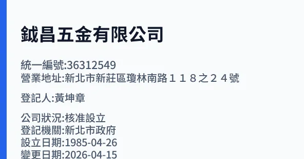 鉞昌五金有限公司的照片-統編 36312549(新北市) 公司登記資料與營業項目詳細圖表