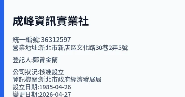 成峰資訊實業社的照片-統編 36312597(新北市) 公司登記資料與營業項目詳細圖表