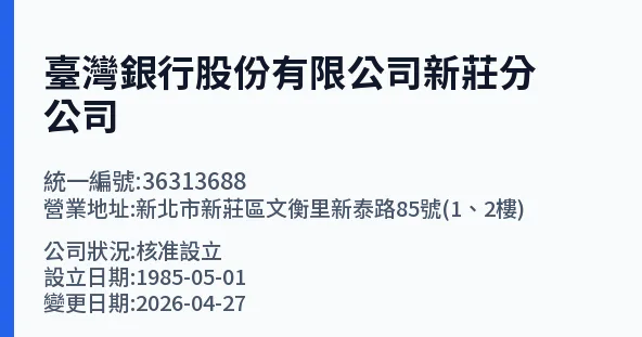 臺灣銀行股份有限公司新莊分公司的照片-統編 36313688(新北市) 公司登記資料與營業項目詳細圖表