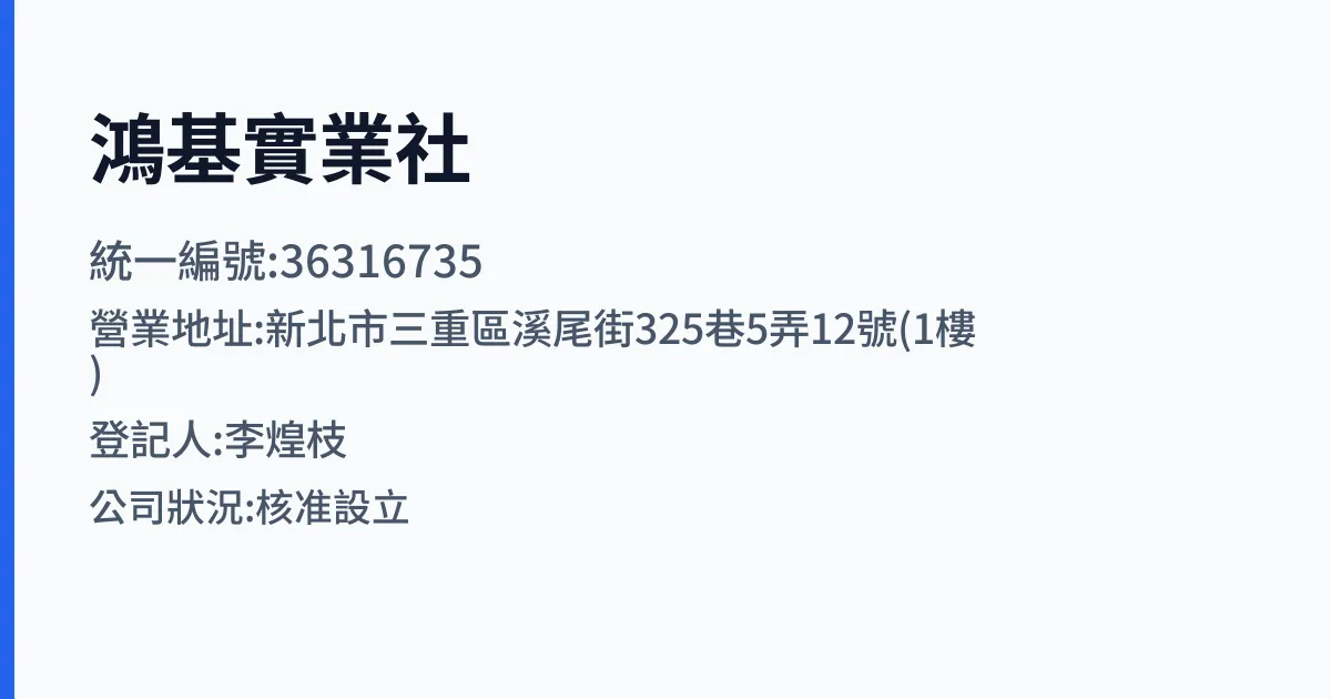 鴻基實業社 - 統編 36316735(新北市) 公司登記資料與營業項目詳細圖表