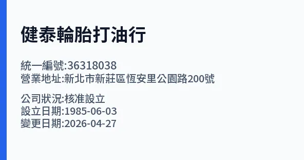 健泰輪胎打油行的照片-統編 36318038(新北市) 公司登記資料與營業項目詳細圖表
