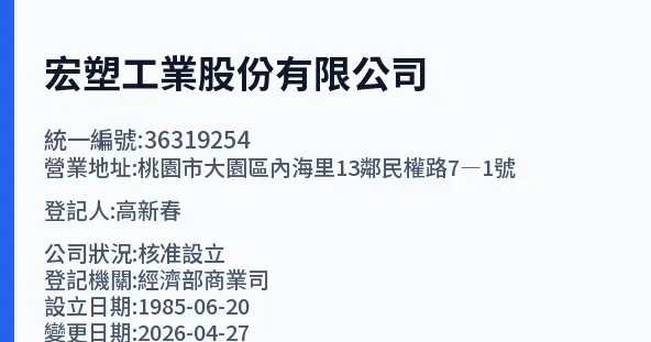 宏塑工業股份有限公司的照片-統編 36319254(桃園市) 公司登記資料與營業項目詳細圖表