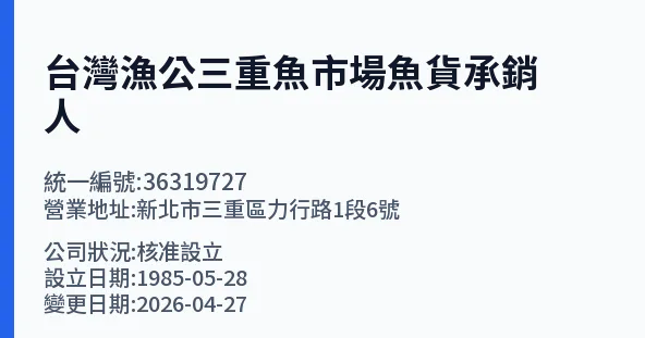 台灣漁公三重魚市場魚貨承銷人的照片-統編 36319727(新北市) 公司登記資料與營業項目詳細圖表