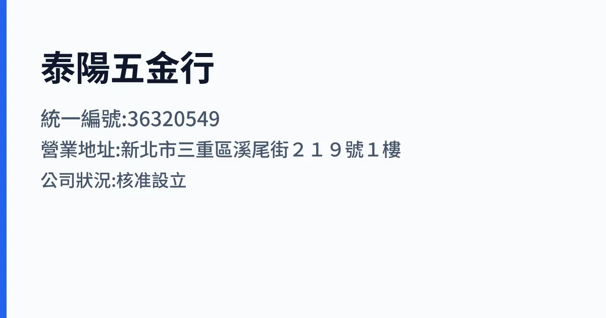 泰陽五金行 - 統編 36320549(新北市) 公司登記資料與營業項目詳細圖表