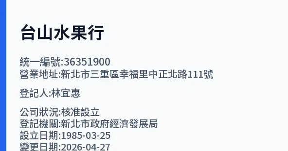 台山水果行的照片-統編 36351900(新北市) 公司登記資料與營業項目詳細圖表
