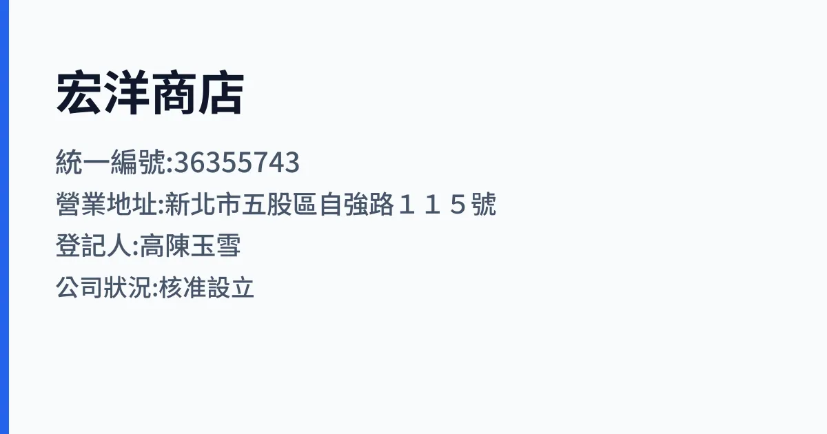 宏洋商店 - 統編 36355743(新北市) 公司登記資料與營業項目詳細圖表