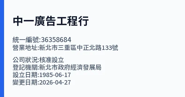 中一廣告工程行的照片-統編 36358684(新北市) 公司登記資料與營業項目詳細圖表