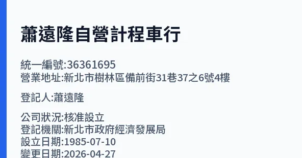 蕭遠隆自營計程車行的照片-統編 36361695(新北市) 公司登記資料與營業項目詳細圖表