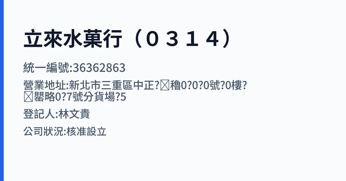 立來水菓行（０３１４） - 統編 36362863(新北市) 公司登記資料與營業項目詳細圖表