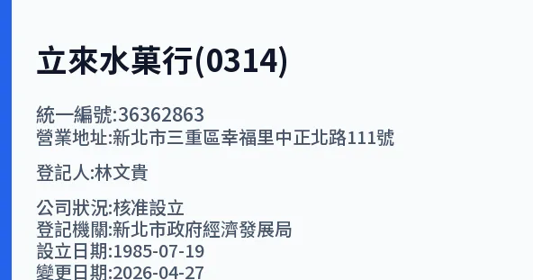 立來水菓行(0314)的照片-統編 36362863(新北市) 公司登記資料與營業項目詳細圖表