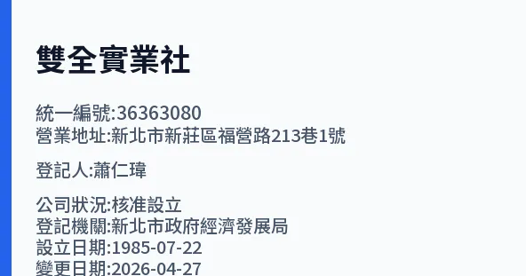 雙全實業社的照片-統編 36363080(新北市) 公司登記資料與營業項目詳細圖表