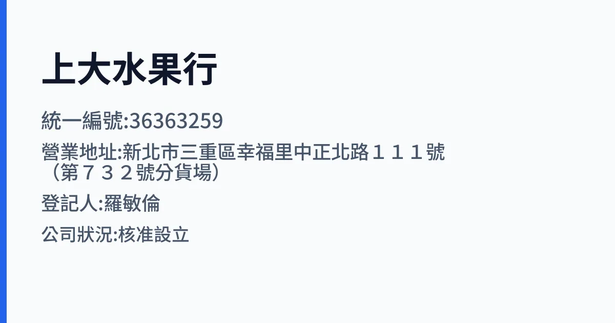 上大水果行 - 統編 36363259(新北市) 公司登記資料與營業項目詳細圖表