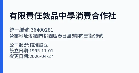 有限責任敦品中學消費合作社的照片-統編 36400281(桃園市) 公司登記資料與營業項目詳細圖表