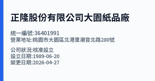 正隆股份有限公司大園紙品廠的照片-統編 36401991(桃園市) 公司登記資料與營業項目詳細圖表