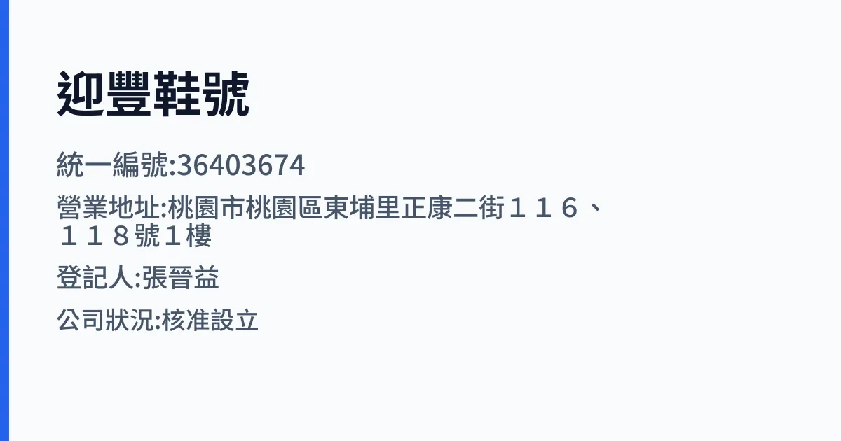 迎豐鞋號 - 統編 36403674(桃園市) 公司登記資料與營業項目詳細圖表