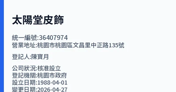 太陽堂皮飾的照片-統編 36407974(桃園市) 公司登記資料與營業項目詳細圖表