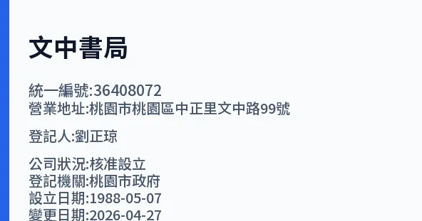 文中書局的照片-統編 36408072(桃園市) 公司登記資料與營業項目詳細圖表