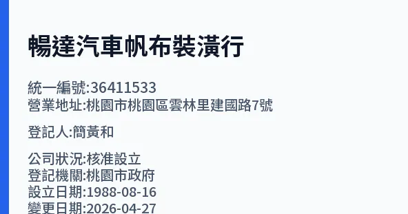 暢達汽車帆布裝潢行的照片-統編 36411533(桃園市) 公司登記資料與營業項目詳細圖表